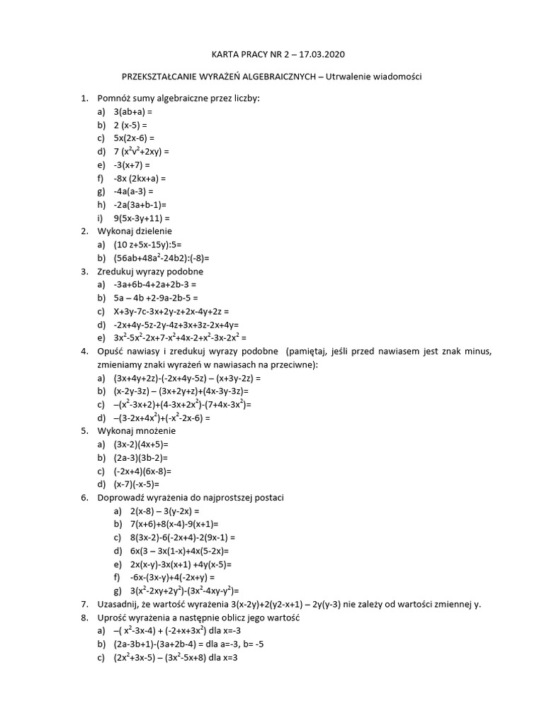 Karta - Pracy - 2 Wyra Alg | PDF