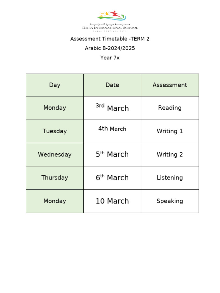 7x - Term2- Assessment Time Table | PDF