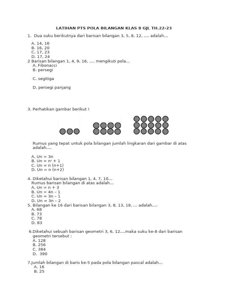 Latihan Pola Bilangan Kelas 8 | PDF