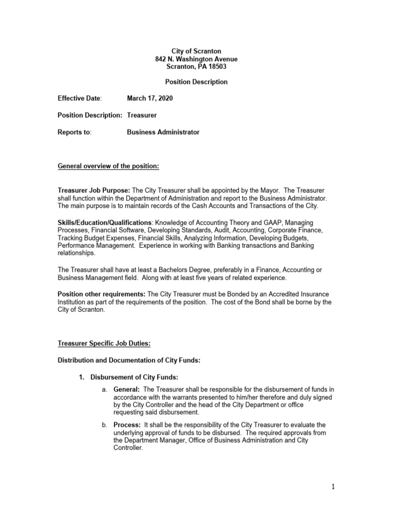 City Treasurer Job Description | PDF | Budget | Internal Control