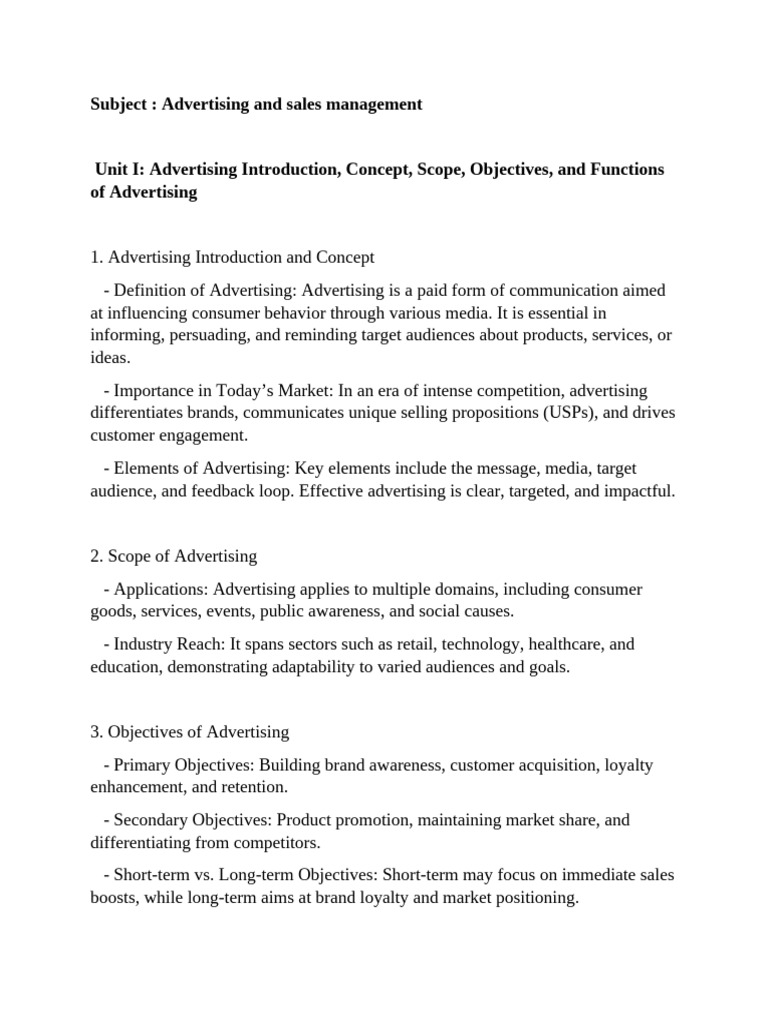 Advertising and Sales Management Notes | PDF | Advertising | Marketing