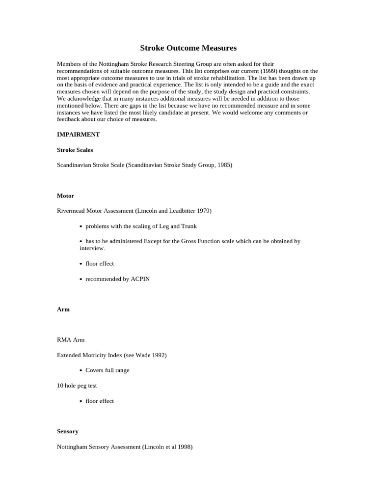 Stroke Rehabilitation Outcome Measures Guide | PDF | Stroke | Diseases ...