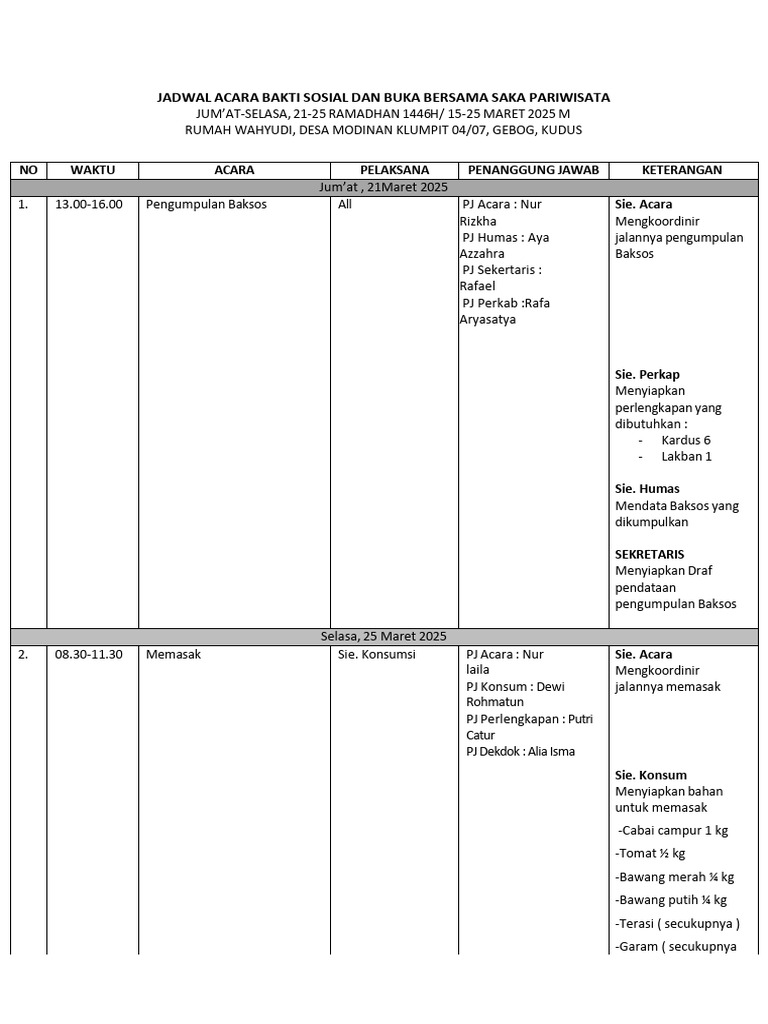 Draf Rundown Bukber Saka Pariwisata Dan Baksos 2025 | PDF