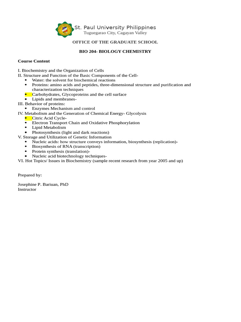 Course Outline in Biology-Chemistry | PDF