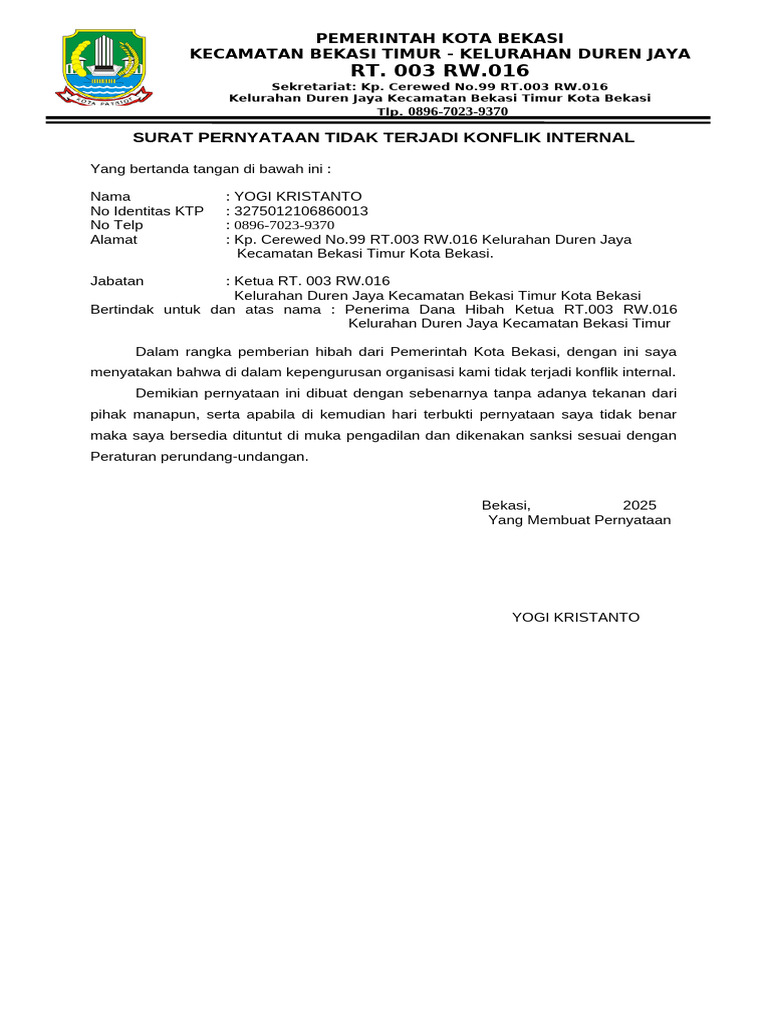 SURAT PERNYATAAN TIDAK TERJADI KONFLIK INTERNAL 003-016 DUREN JAYAa | PDF