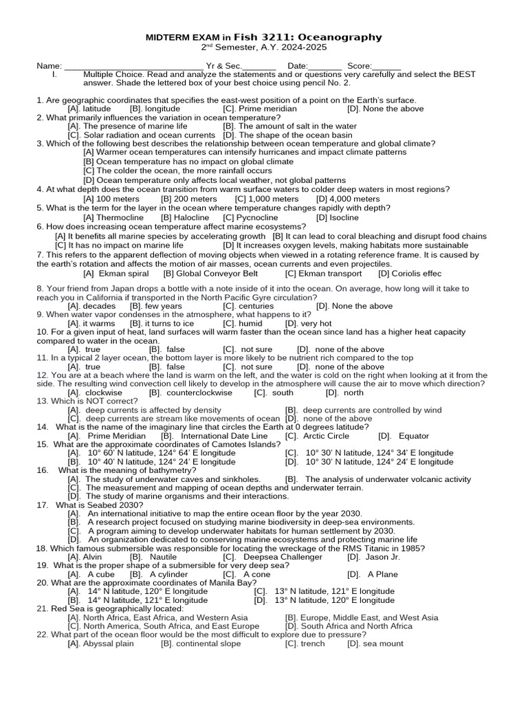 Oceanography Midterm Exam 2024-2025 | PDF | Oceans | Water