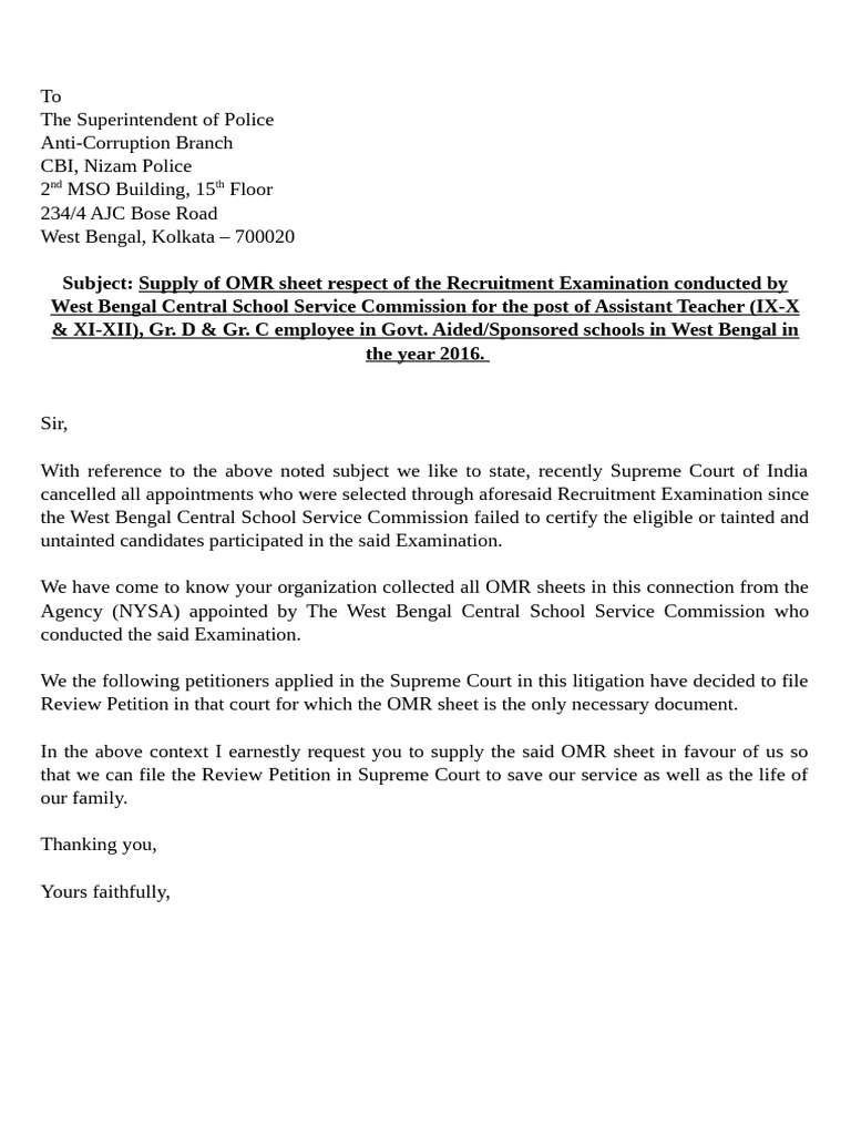 Letter To CBI Regarding Publication of OMR Sheet | PDF