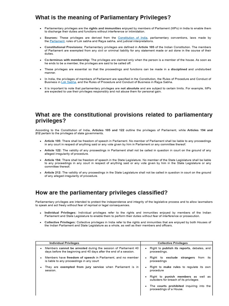 Understanding Legislative Privileges in India | PDF | Governance ...
