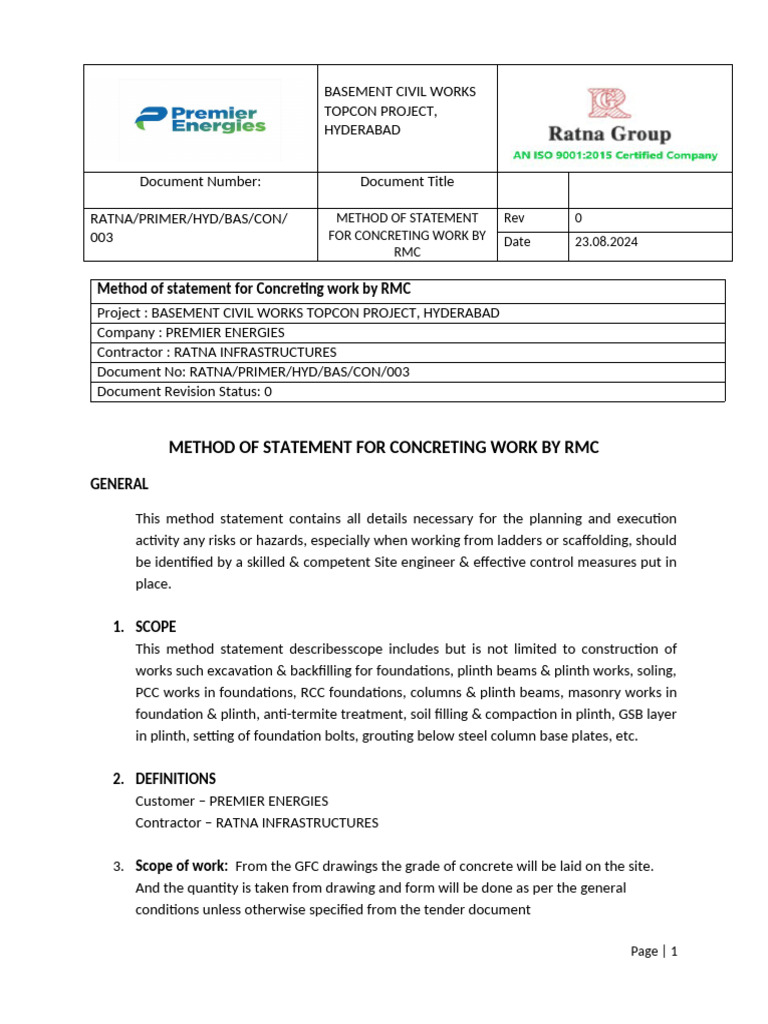 3 METHOD STATEMENT FOR Concreting by Ready Mix Concrete | PDF ...