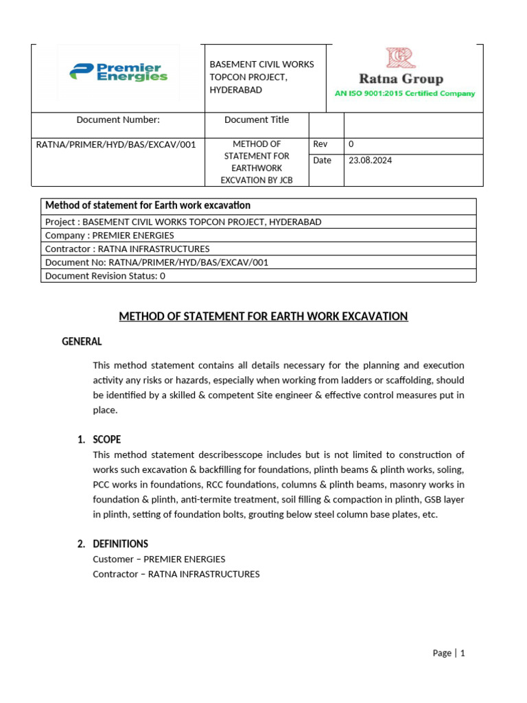 Method Statement For Earth Work Excavation | PDF | Personal Protective ...