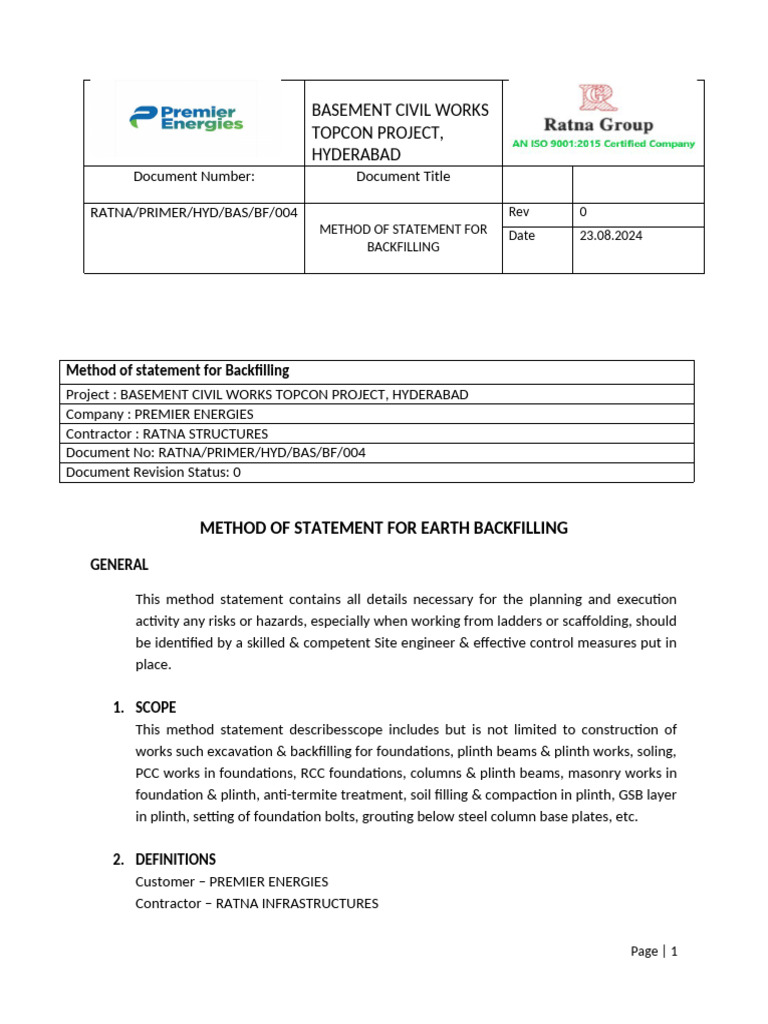 METHOD STATEMENT FOR Backfilling | PDF