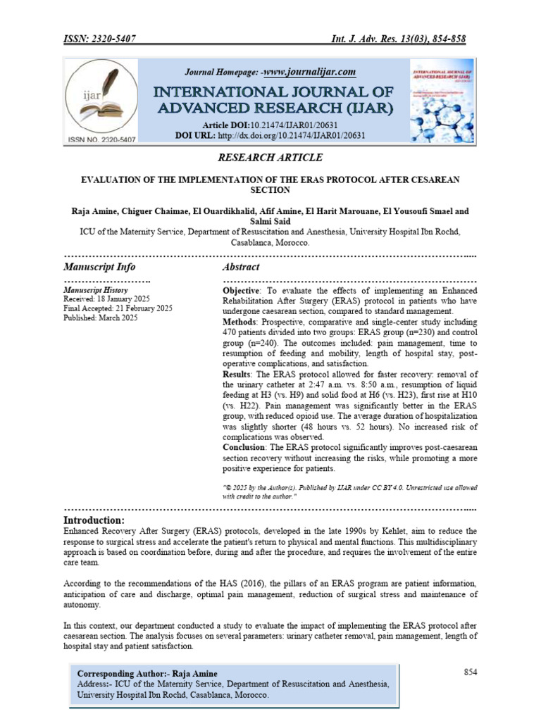 ERAS Protocol Impact on Cesarean Recovery | PDF | Caesarean Section ...