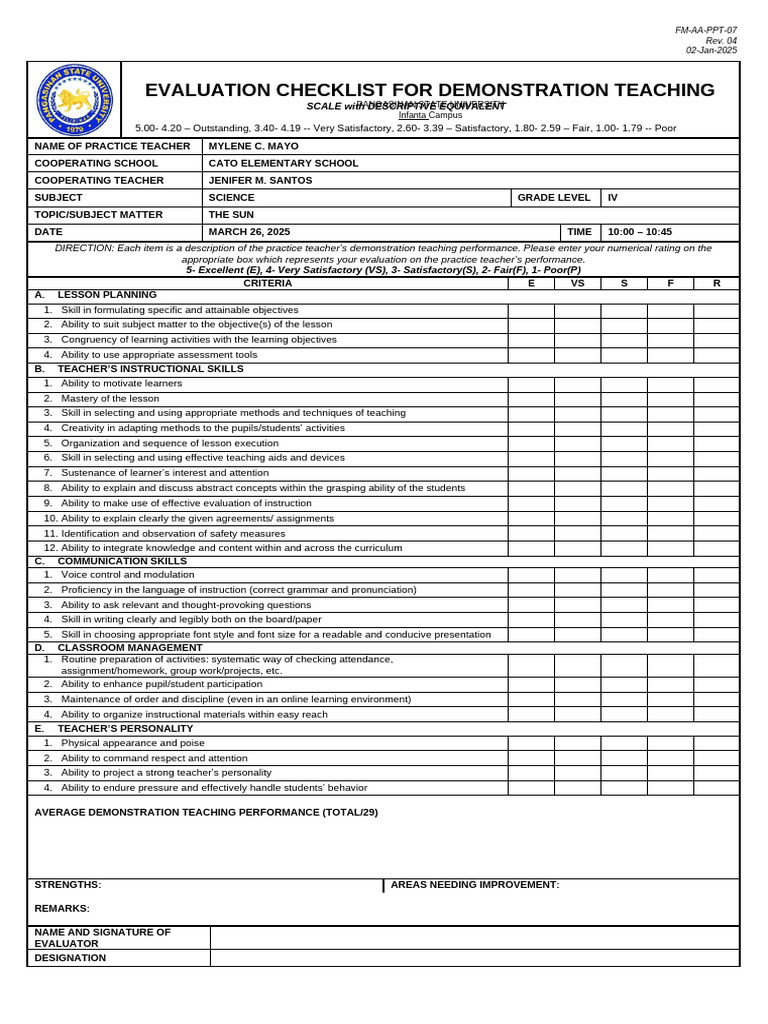 07 Evaluation Checklist For Demonstration Teaching Rev.04 | PDF ...
