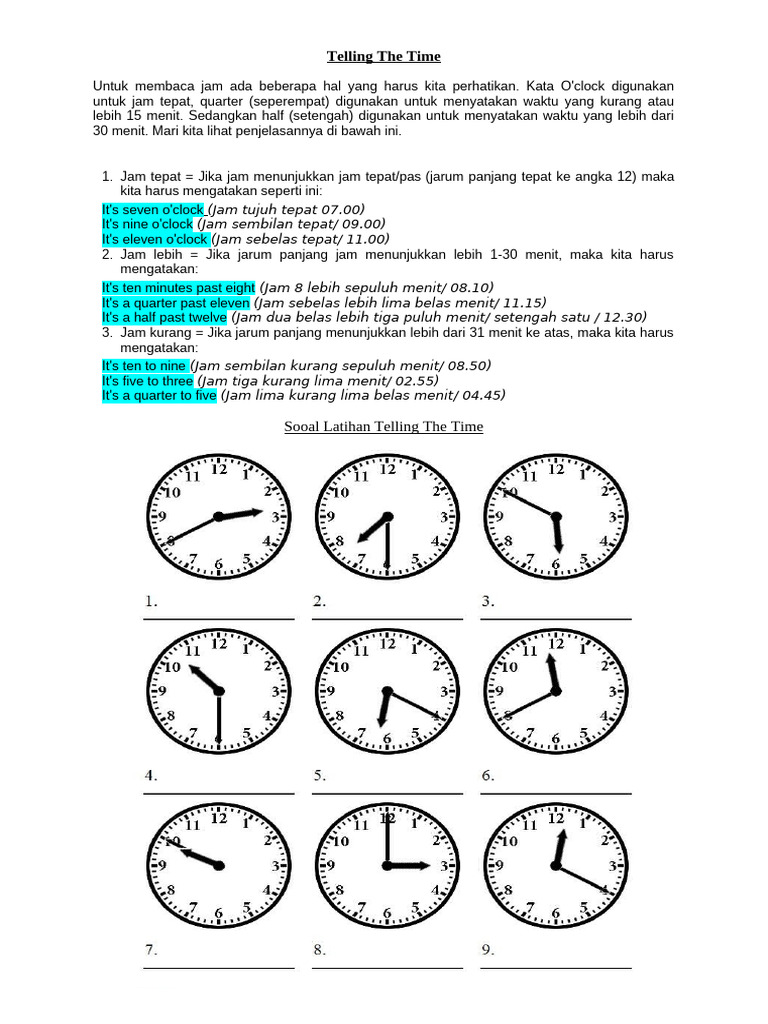Latihan Soal Telling Time Kelas 7 | PDF