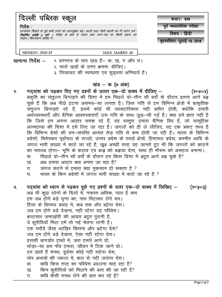 QP_HINDI_VIII_201819_PATNA_PUNE__and_LUDHIANA | PDF