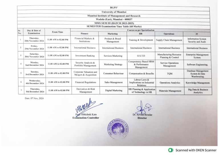Semester Examination Timetable (Sem 3) | PDF