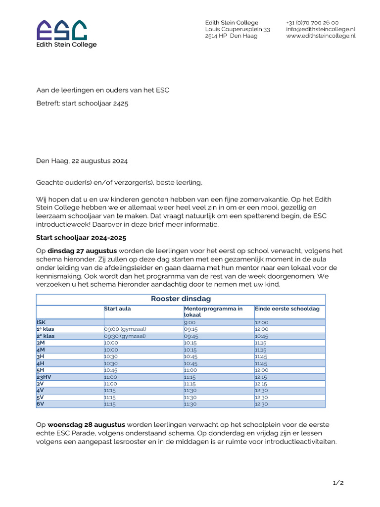 Brief Leerlingen Begin Schooljaar 2425 | PDF