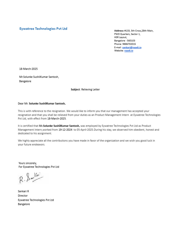 Releaving Letter Sushil | PDF