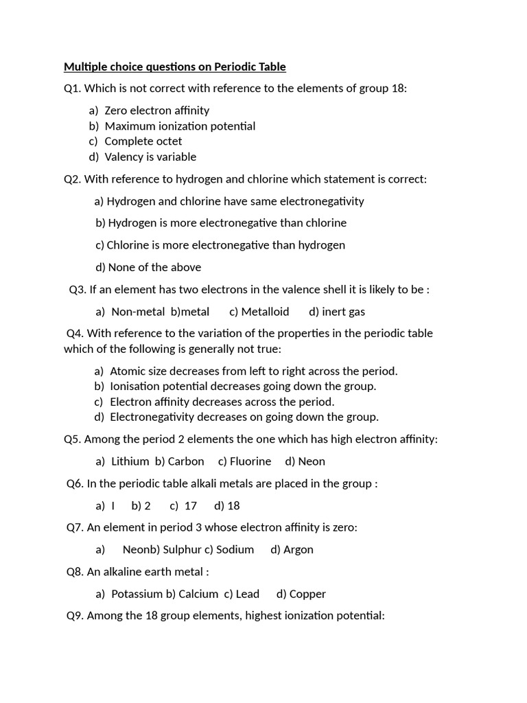 Periodic Table MCQs and Answers | PDF | Chemical Bond | Chemical Compounds