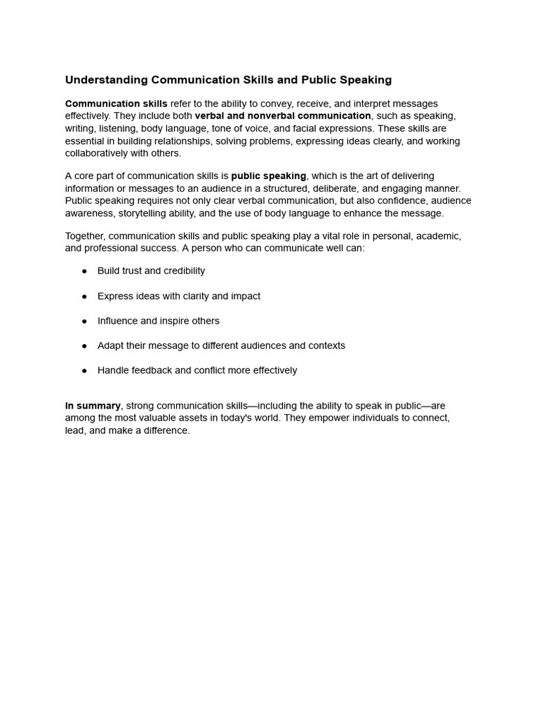 Understanding Communication Skills and Public Speaking | PDF