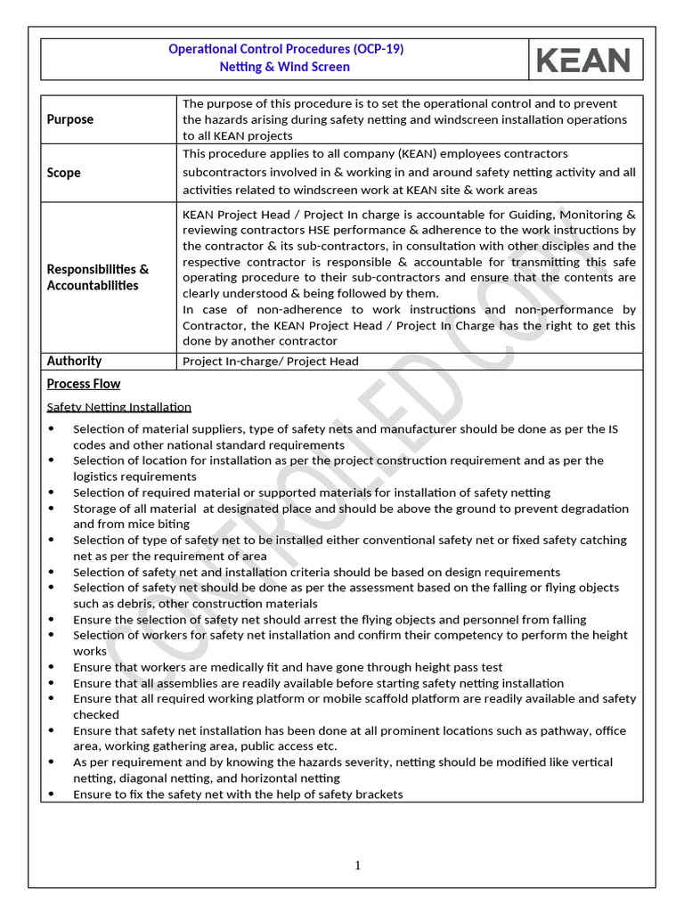 OCP-19: Safety Netting & Windscreen Procedures | PDF | Waste | Safety