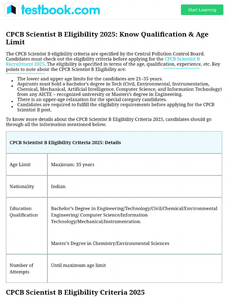 CPCB Scientist B Eligibility 2025 - Know Qualification & Age Limit | PDF