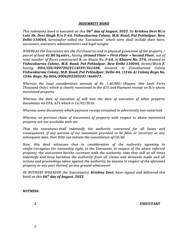 Indemnity Bond for Property Ownership | PDF