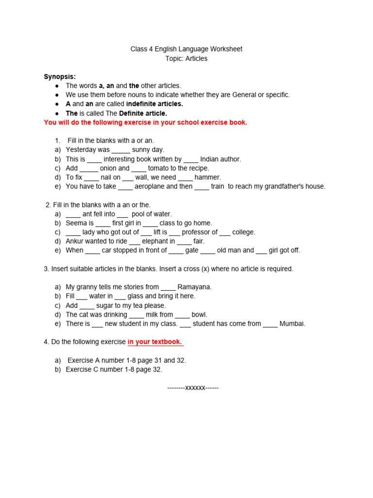 Articles Worksheet for Class 4 | PDF