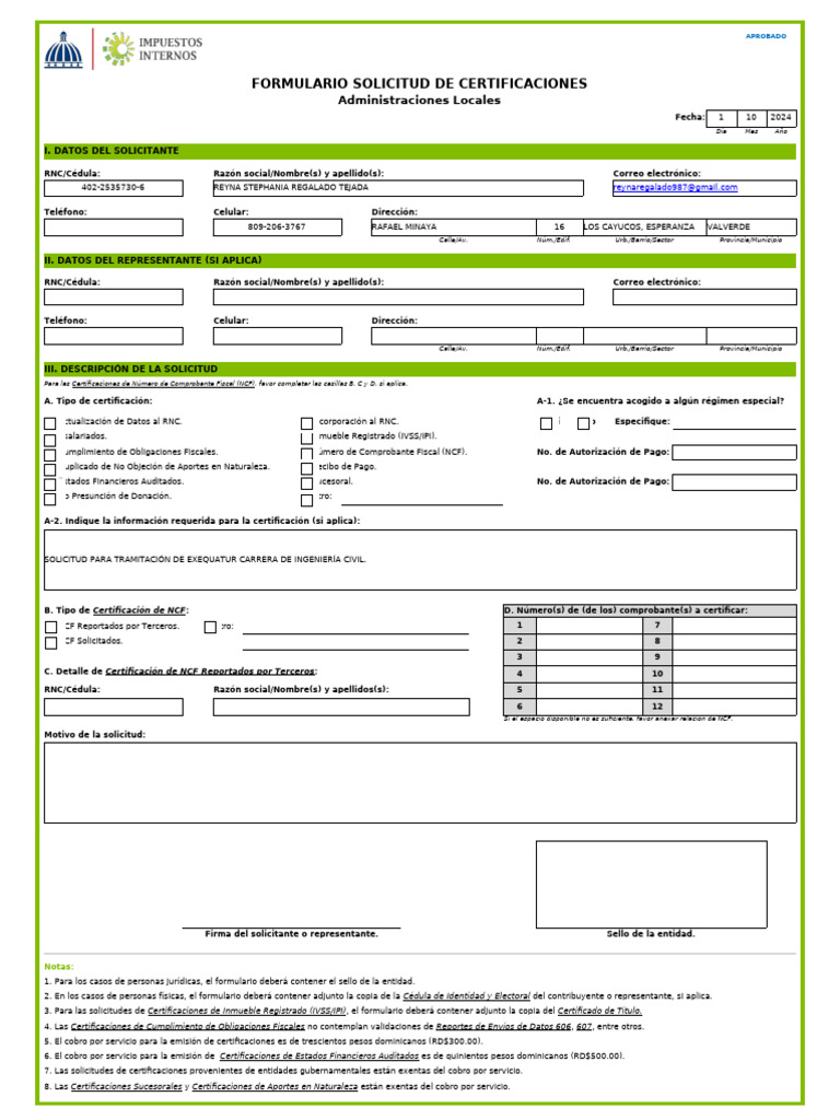 FI-ADML-007 Formulario Solicitud de Certificaciones, Vers. D | PDF