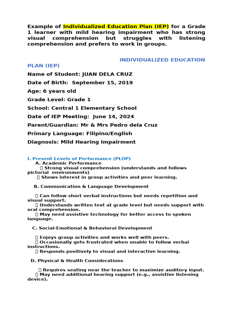 Example of Individualized Education Plan | PDF | Individualized ...