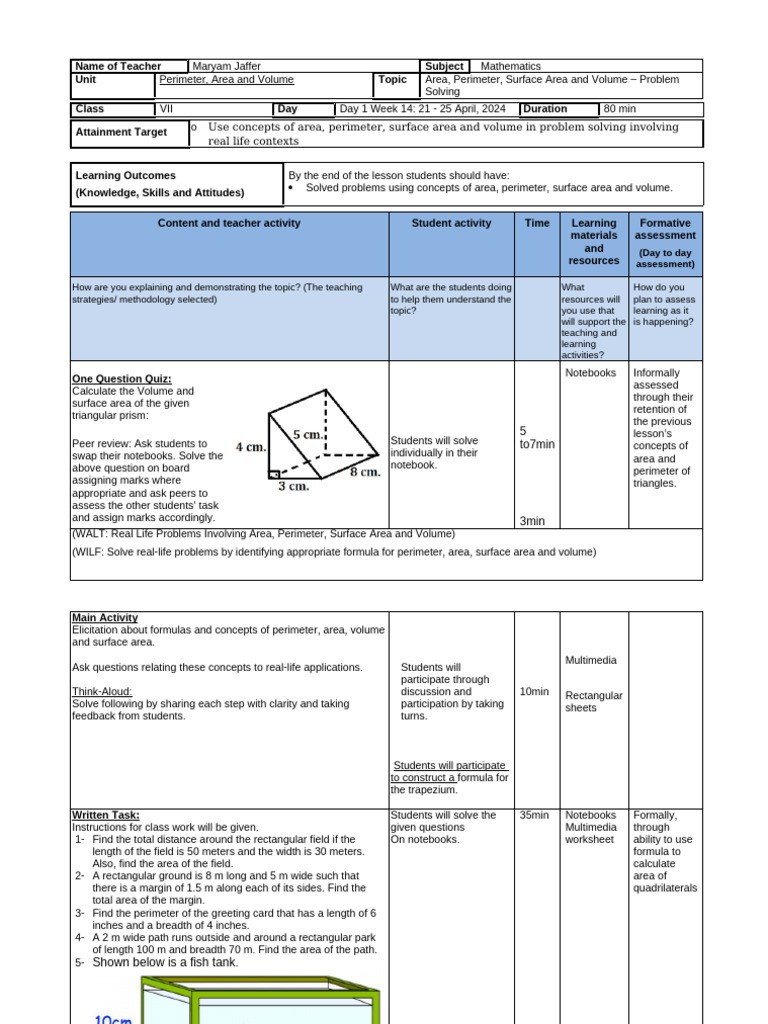 Math7 Week 11 Term2!24!25 Algebra | PDF | Area | Equations