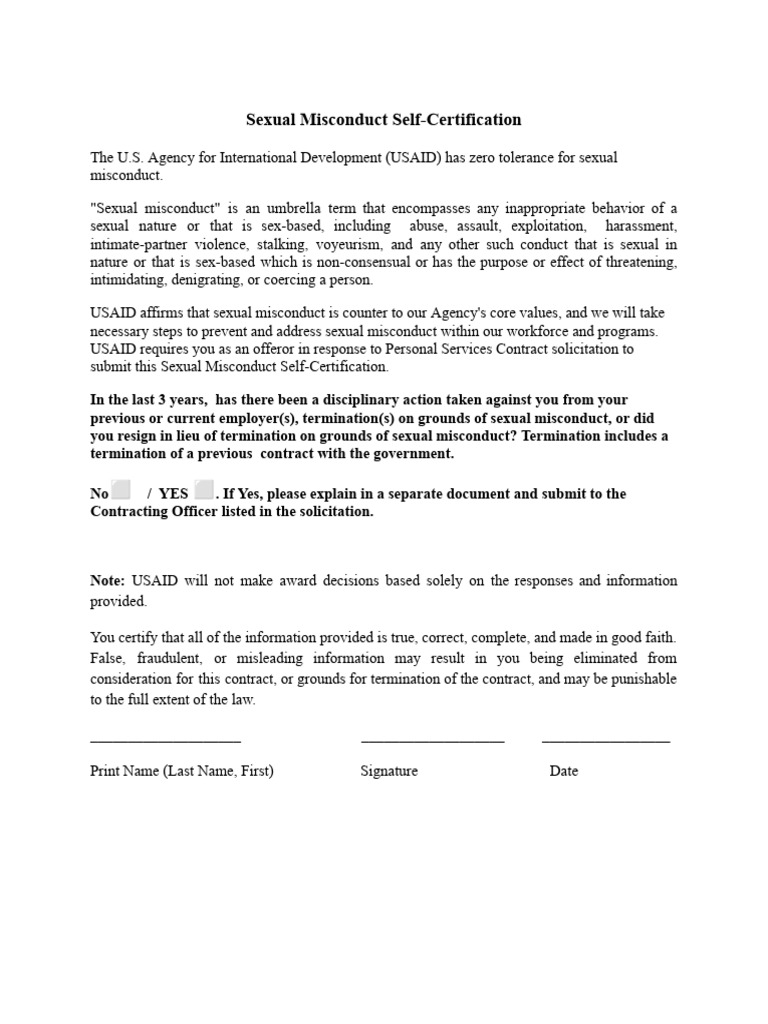 Sexual Misconduct Self-Certification | PDF