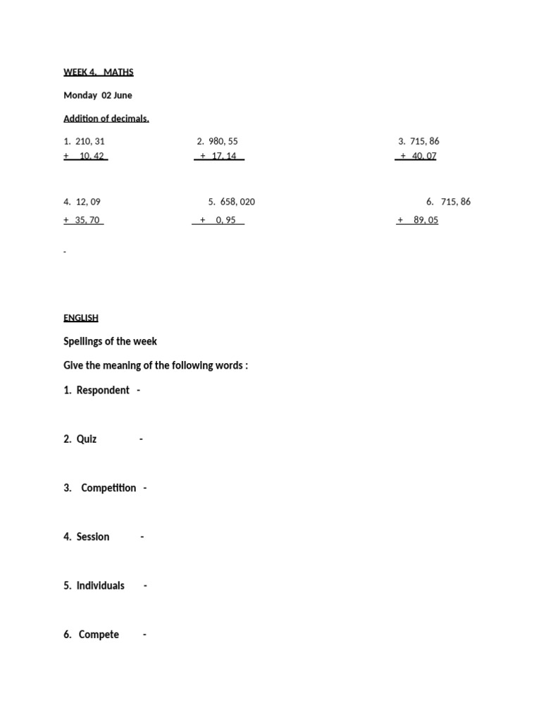 Week 4-5 Math and English Homework | PDF