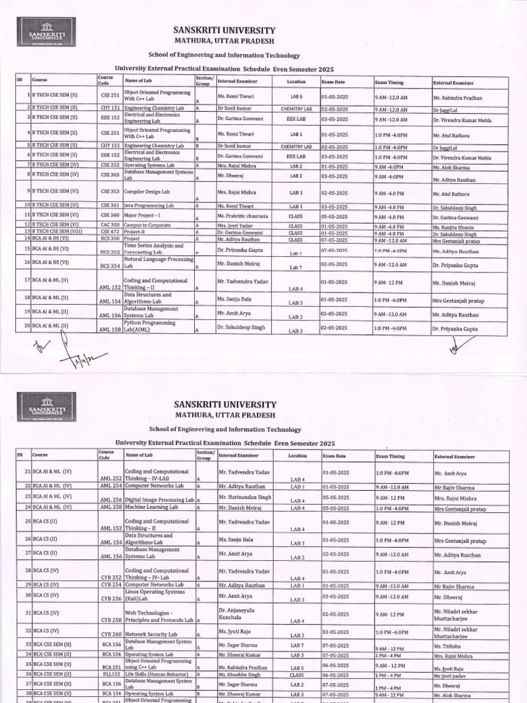 External Practical Schedule Even Sem 2025 | PDF | Object Oriented Programming | Software Development
