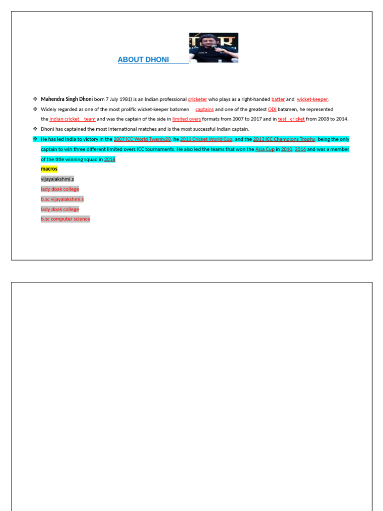 Dhoni: India's Legendary Cricket Captain | PDF | International Cricket Competitions | Cricket