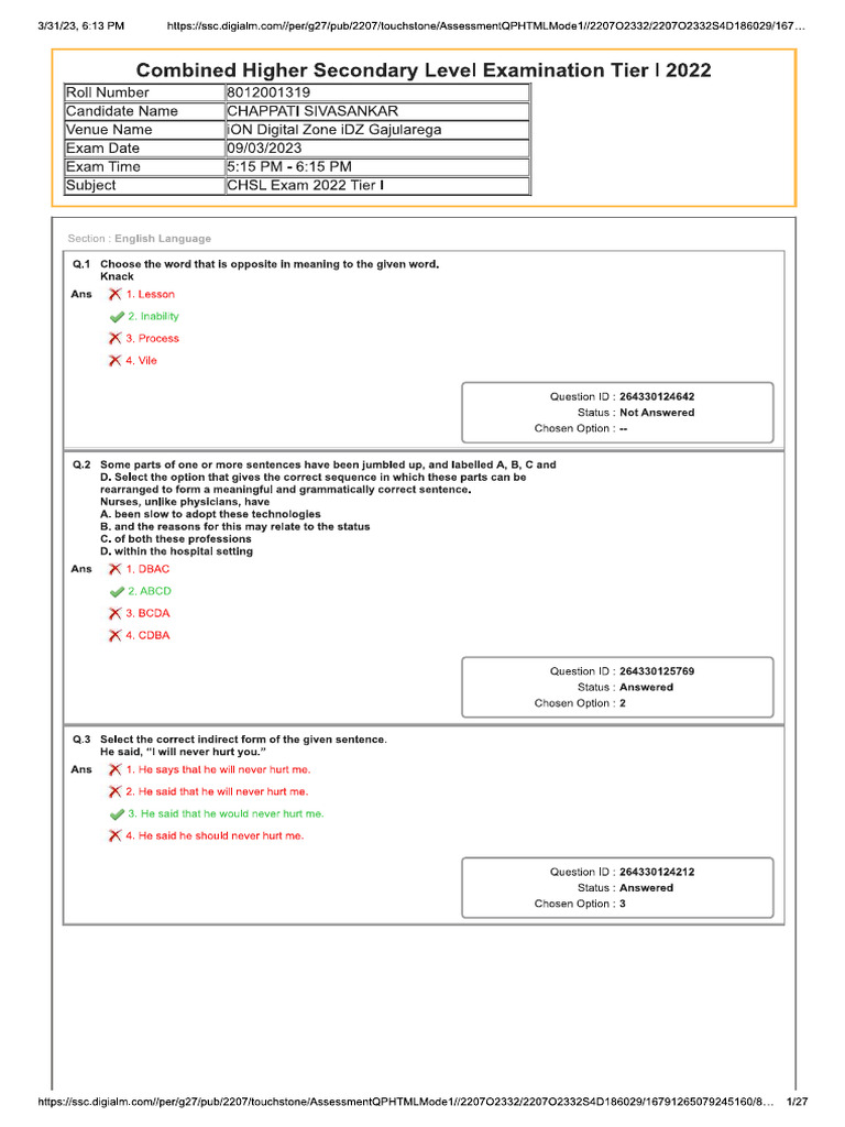 CHSL Answer Key | PDF