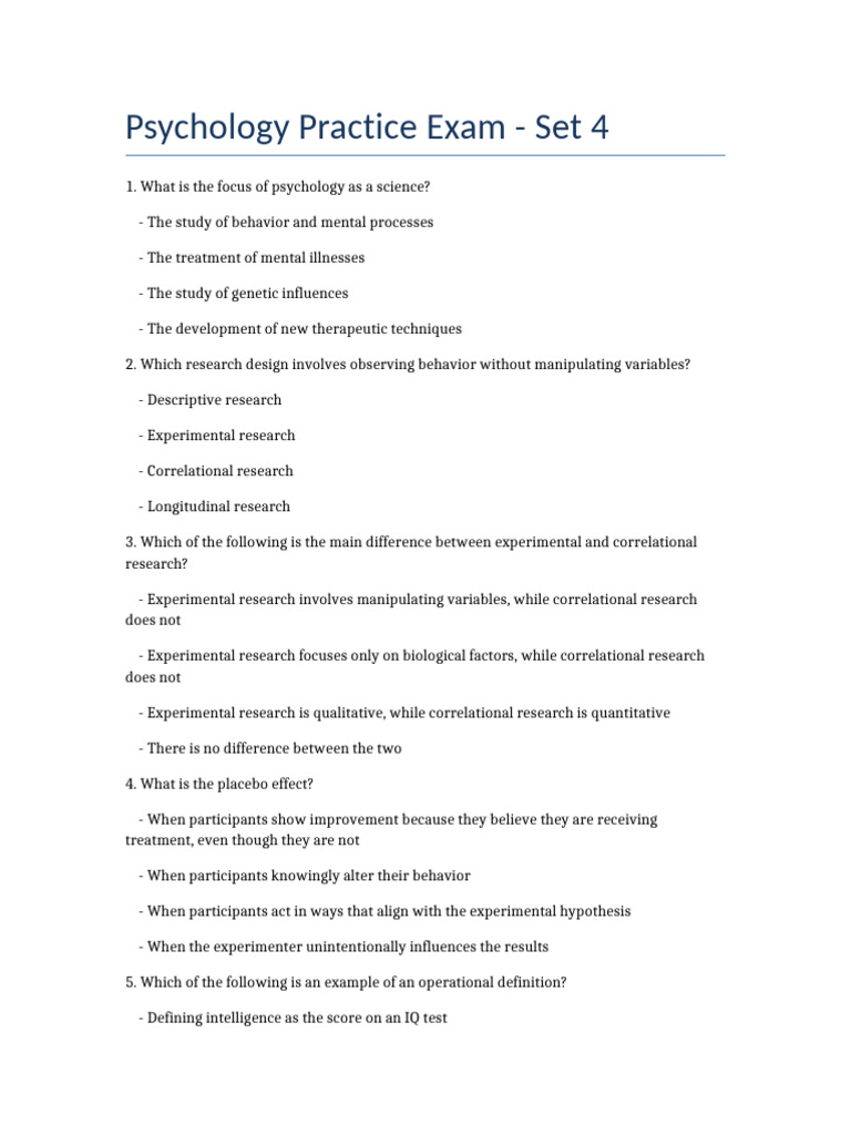 Psychology Practice Exam Set 4 | PDF | Reinforcement | Emotions