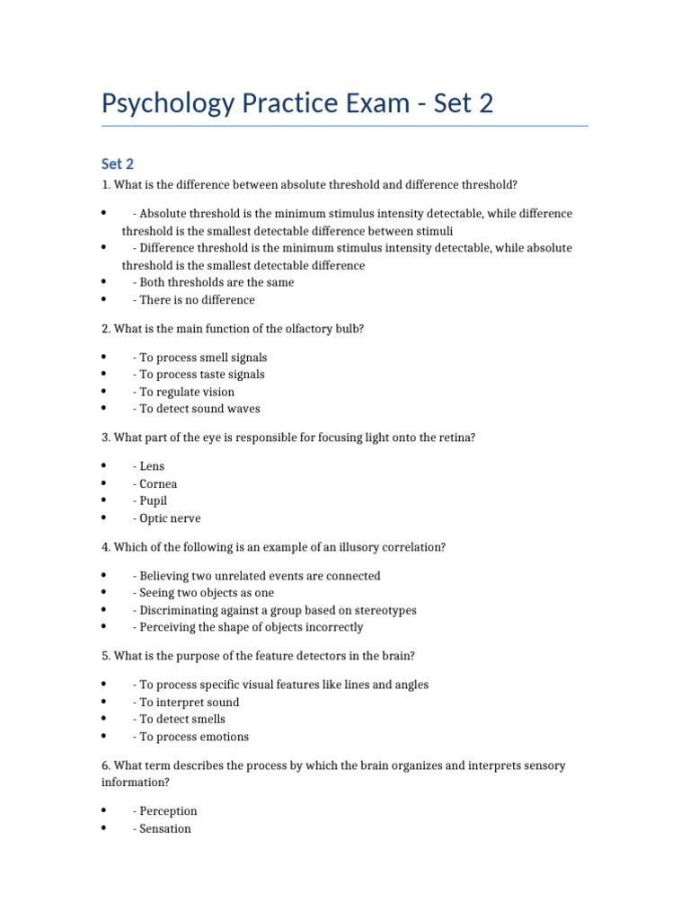 Psychology Practice Exam: Sensation & Perception | PDF | Perception ...