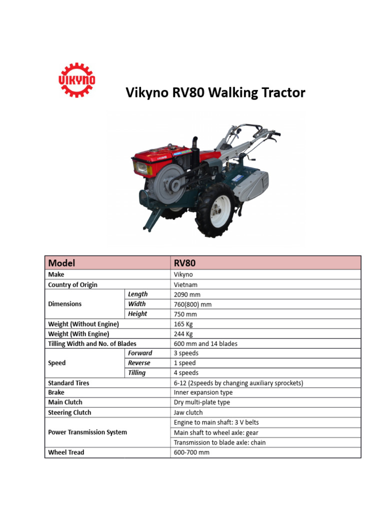 Vikyno RV80 Walking Tractor | PDF