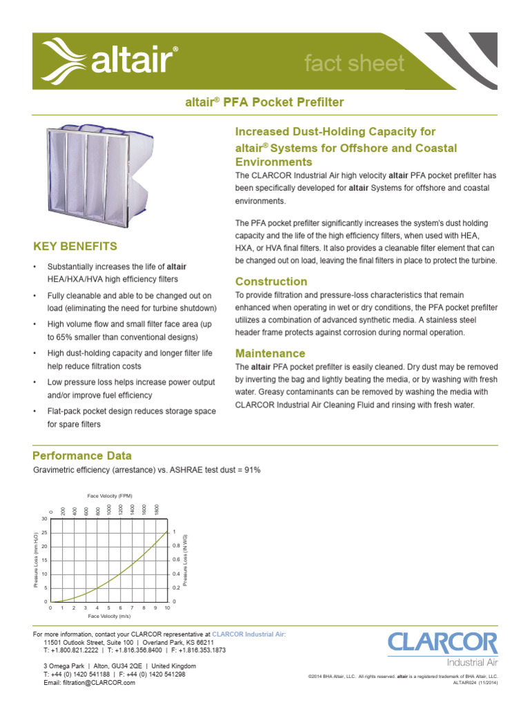 Altair PFA-Pocket-Filter-Fact-Sheet | PDF | Filtration | Mechanical ...