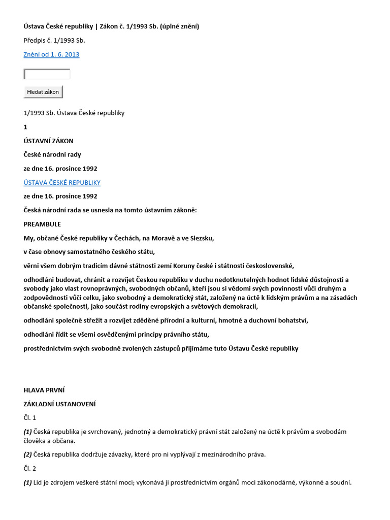 Ústava České Republiky 1 | PDF