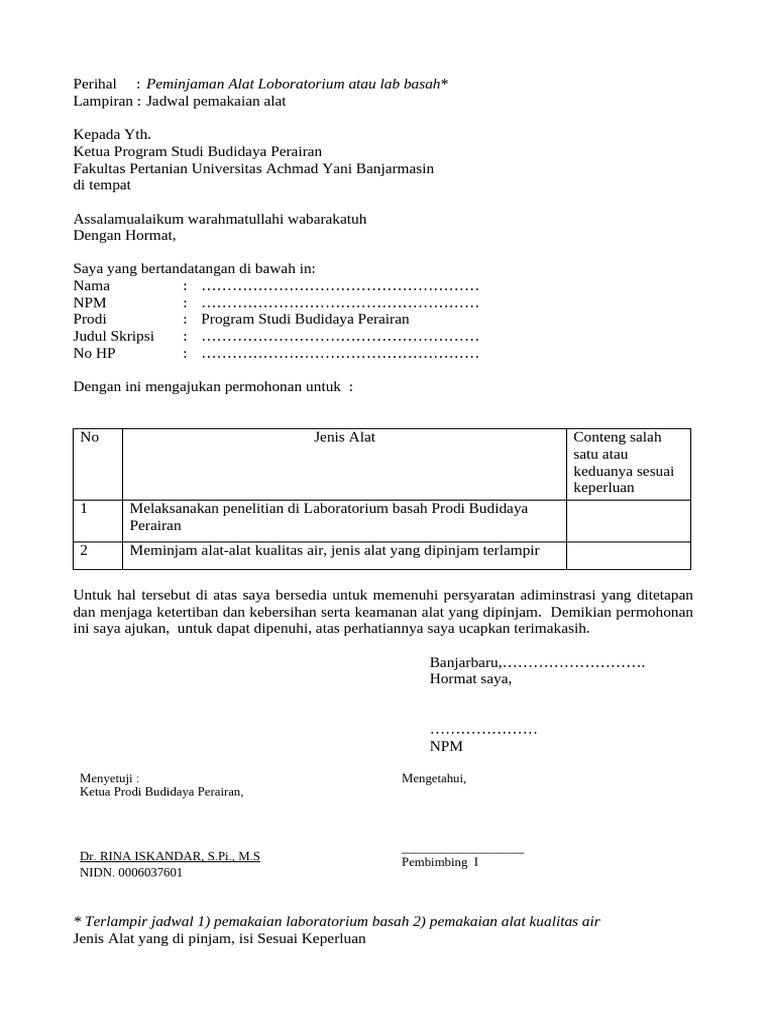 Surat Peminjaman Alat Lab Basah | PDF
