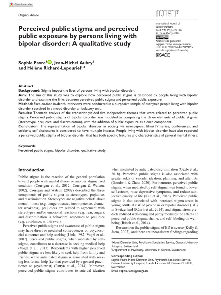 Perceived Public Stigma and Perceived Public Exposure by Persons Living ...