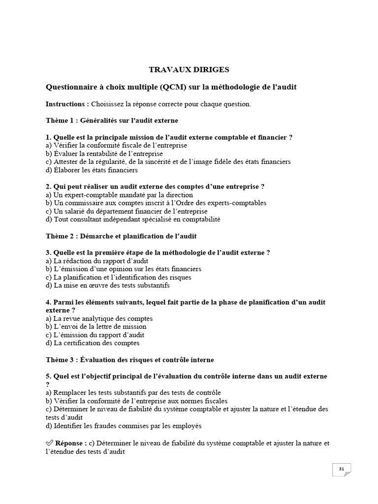 QCM sur l'audit externe et méthodologie | PDF | Audit | Services financiers