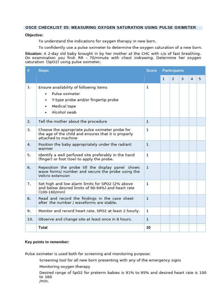 OSCE CHECKLIST Oxygen Saturation | PDF | Physiology | Medical Specialties