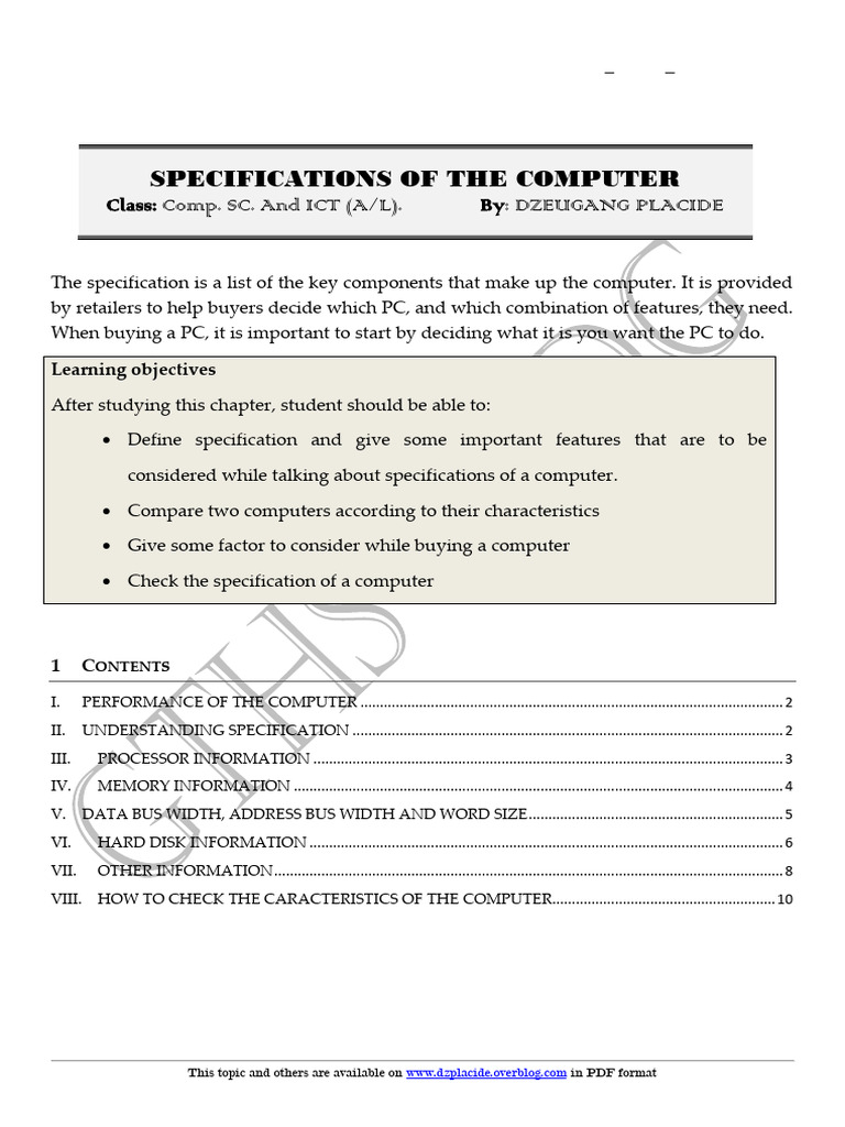 Specification of The Computer | PDF | Random Access Memory | Central Processing Unit