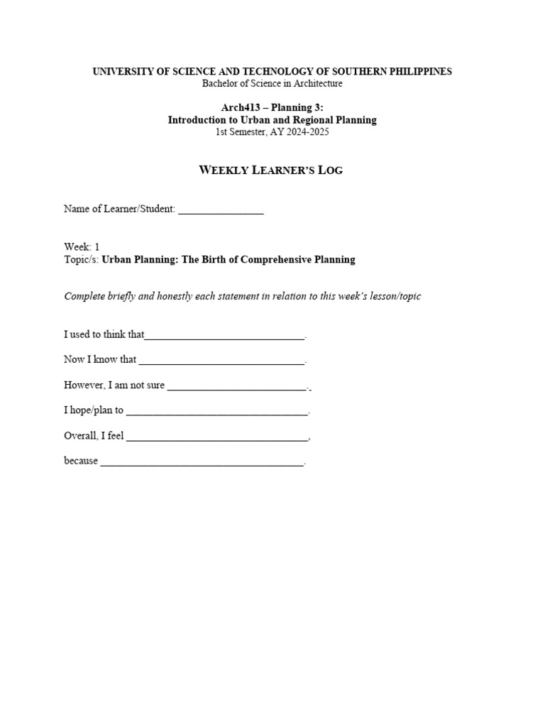 Urban Planning Weekly Learner's Log | PDF