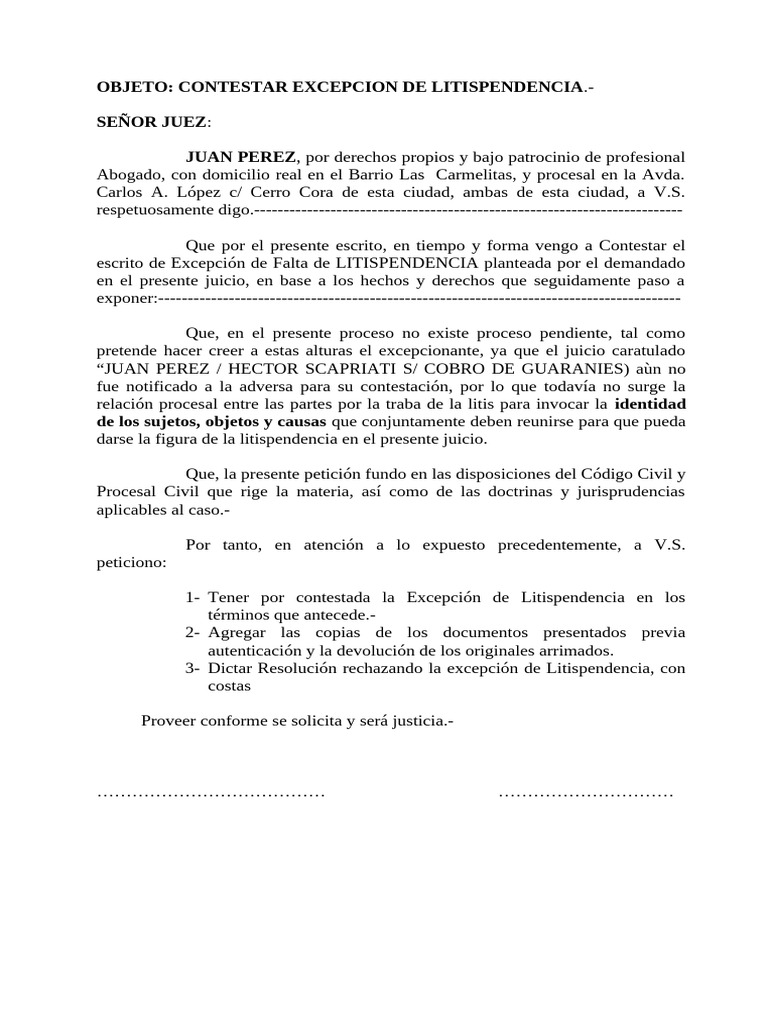 Contestación a Excepción de Litispendencia | PDF
