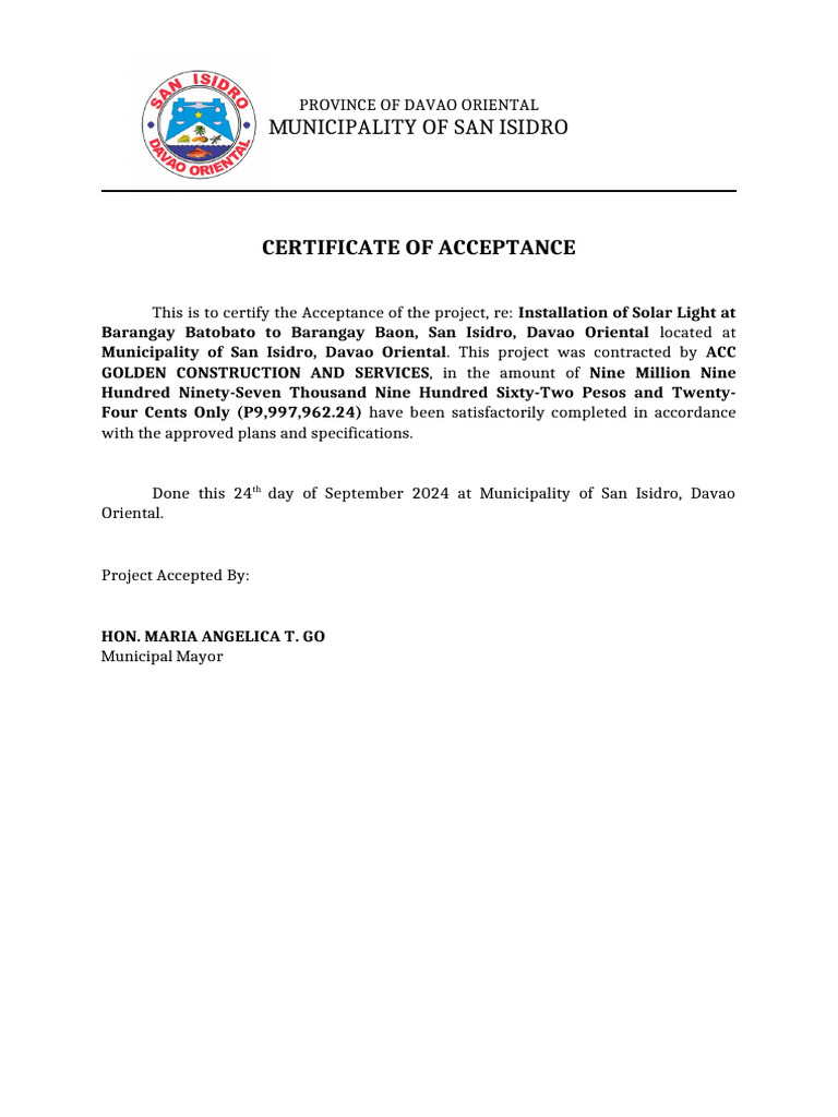 CERTIFICATE OF ACCEPTANCE | PDF