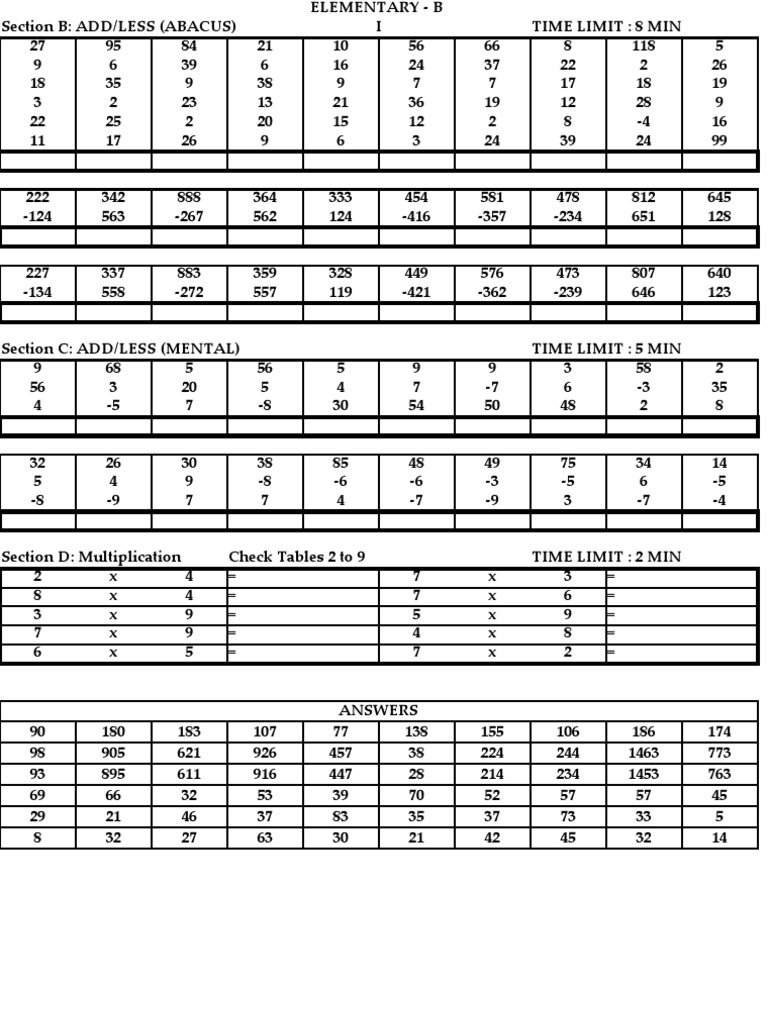 UCMAS Elementary B (NEW) | PDF | Teaching Mathematics | Leisure